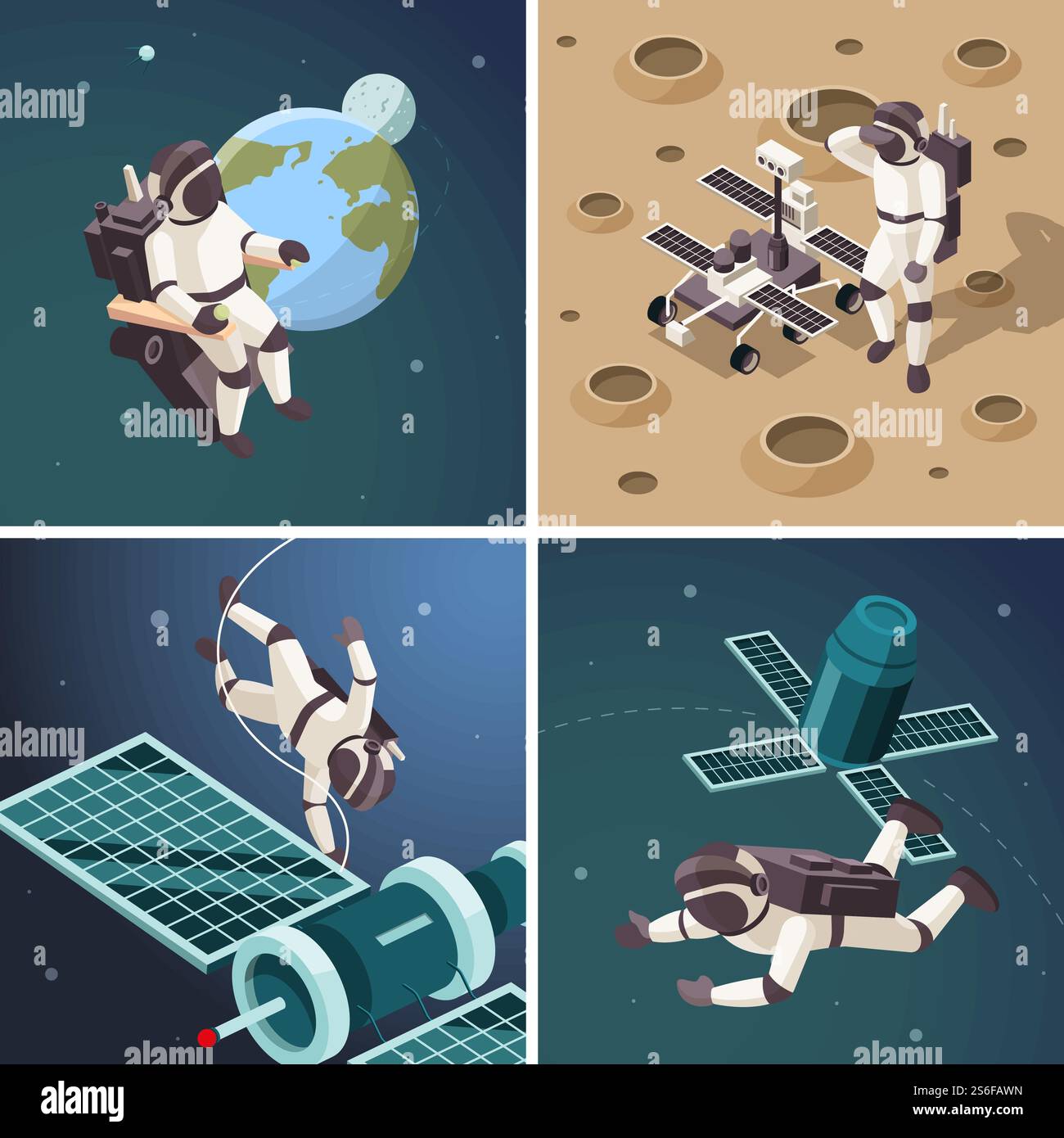 Space illustrations. Astronauts outdoor planet surface space orbit ...