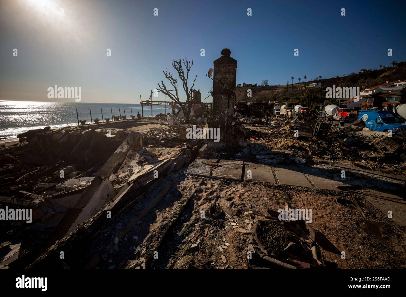 Malibu, California, USA. 15th Jan, 2025. Damaged structures are seen after the Palisades Fire ...
