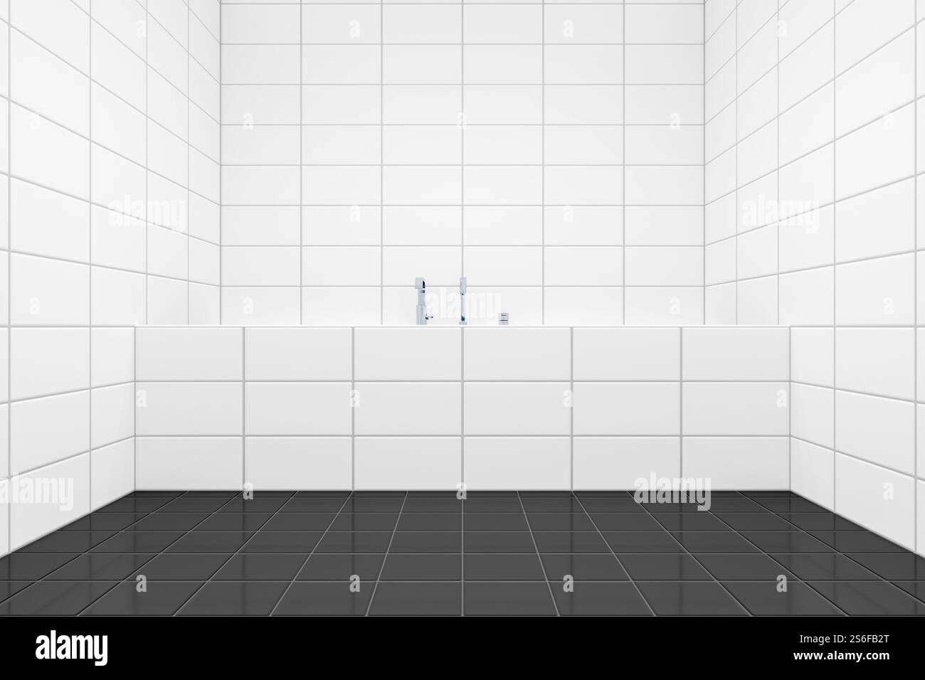 3d rendering of a typical white tiled bathroom side view to the tub ...