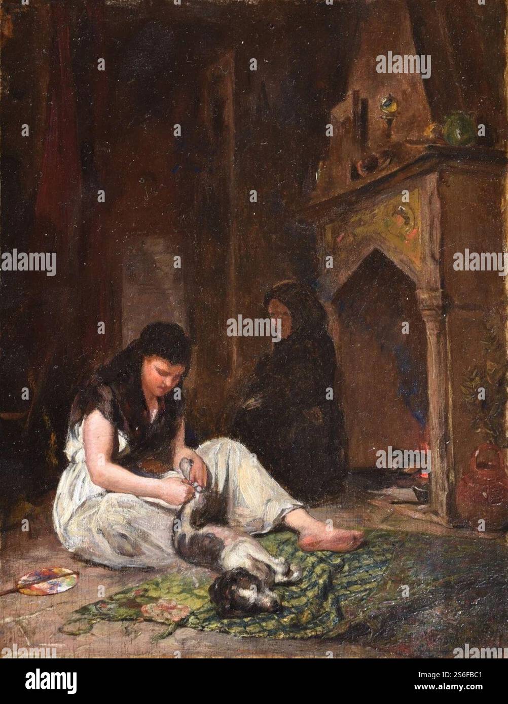 Girl Removing Fleas from a Dog Stock Photo - Alamy