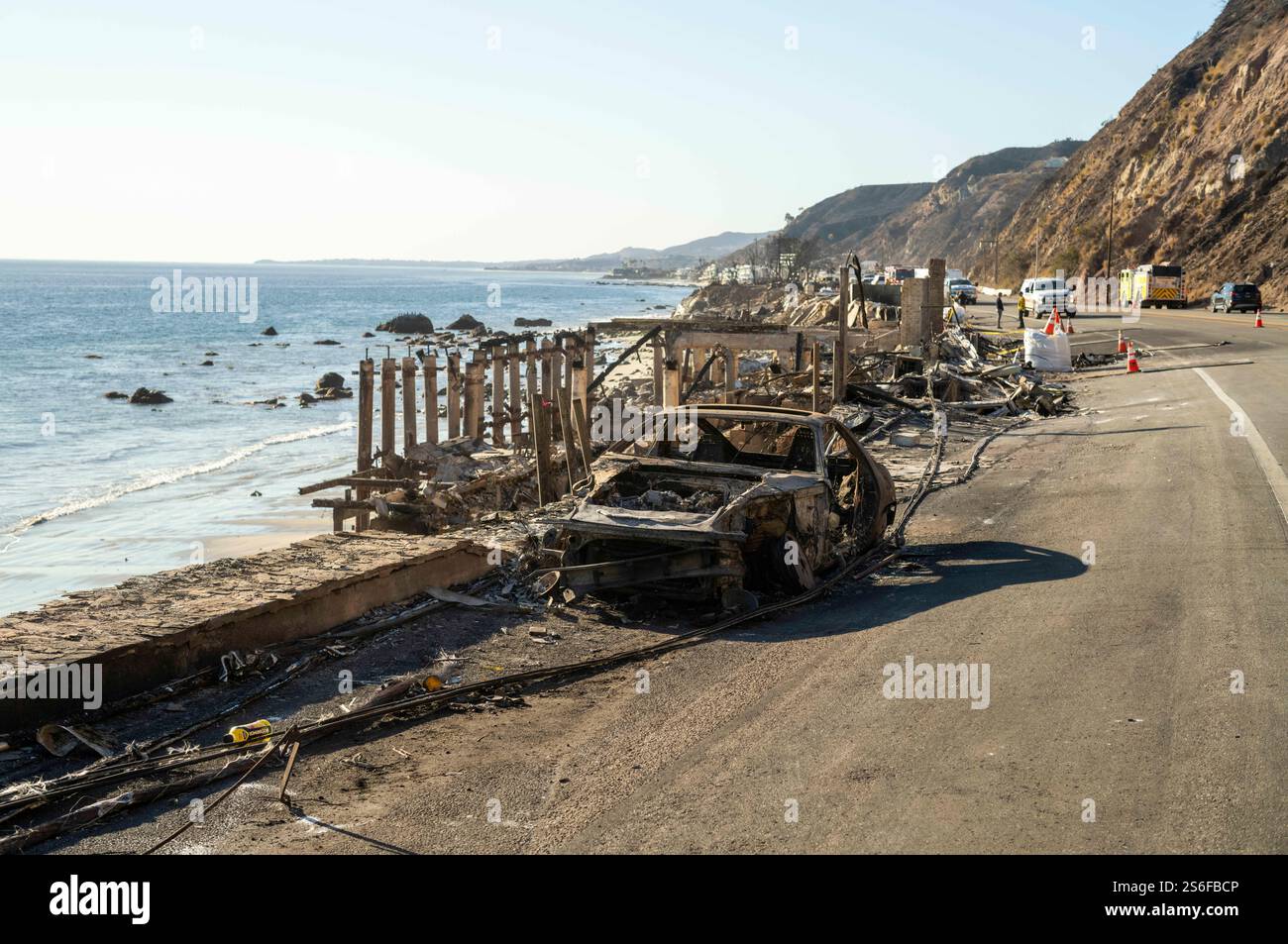 Malibu, California, USA. 15th Jan, 2025. Damaged structures are seen after the Palisades Fire ...