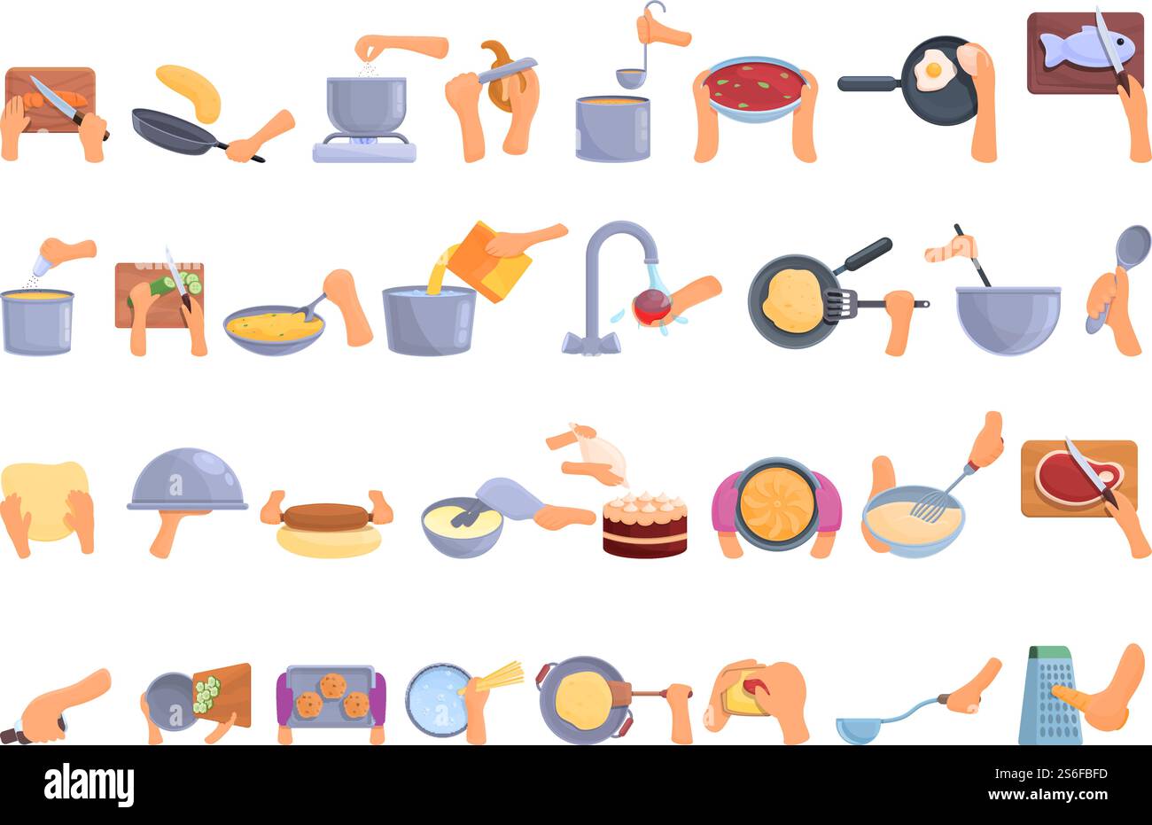 Hands preparing foods icons set. Cartoon set of hands preparing foods ...
