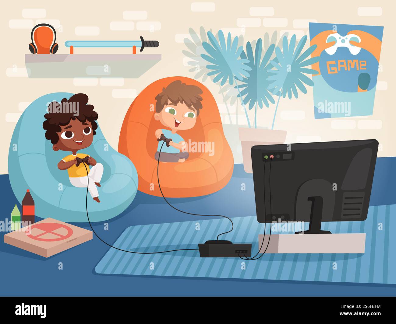 Video game room. Kids at sofa playing at console game with two gamepad ...
