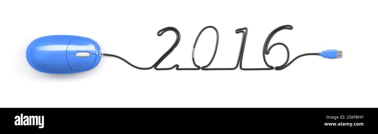 A blue computer mouse building the number 2016 with the cable Stock ...