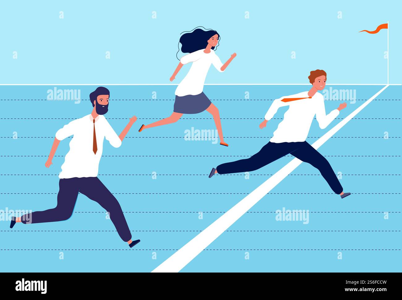 Business finish line. Group of top managers and workers crossing finish ...