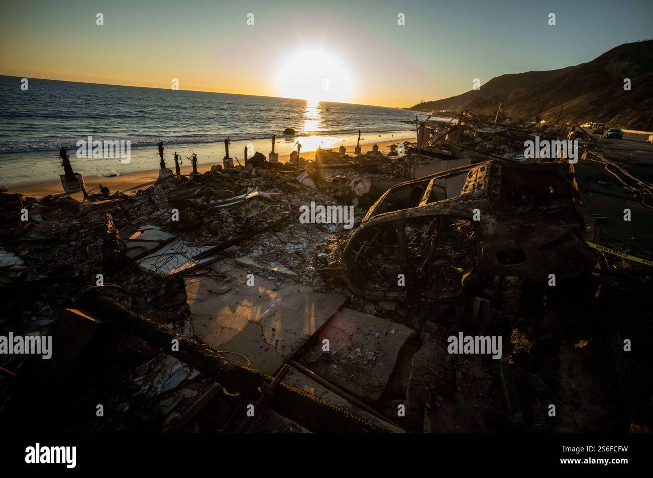 Malibu, California, USA. 16th Jan, 2025. Damaged structures are seen after the Palisades Fire ...