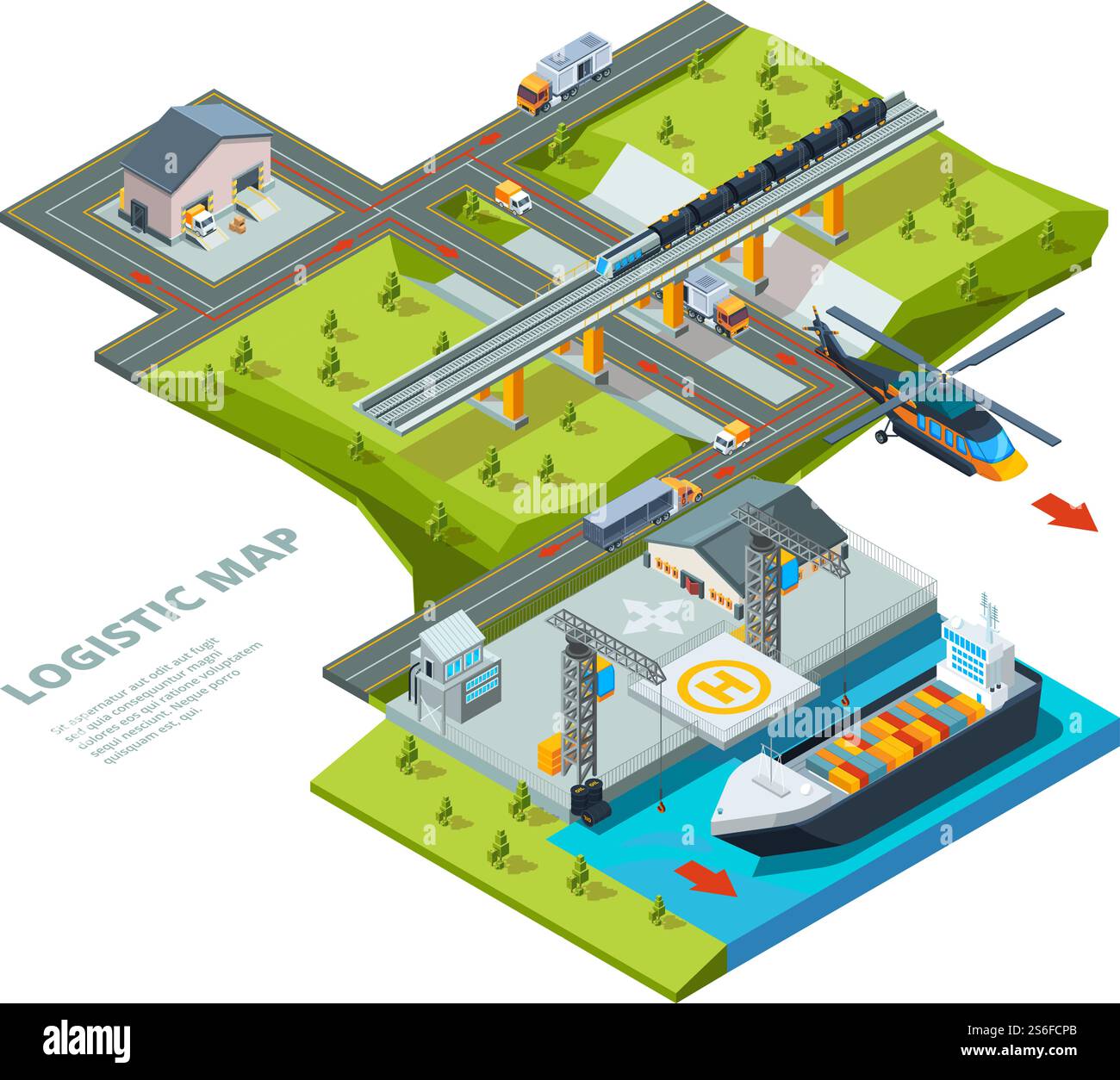 Logistic concept. Road map points ocean shipping railways and auto ...