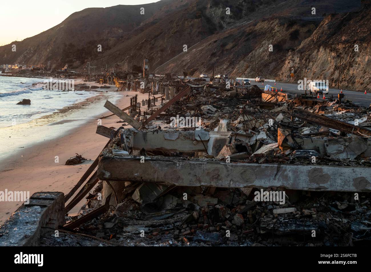 Malibu, California, USA. 16th Jan, 2025. Damaged structures are seen after the Palisades Fire ...