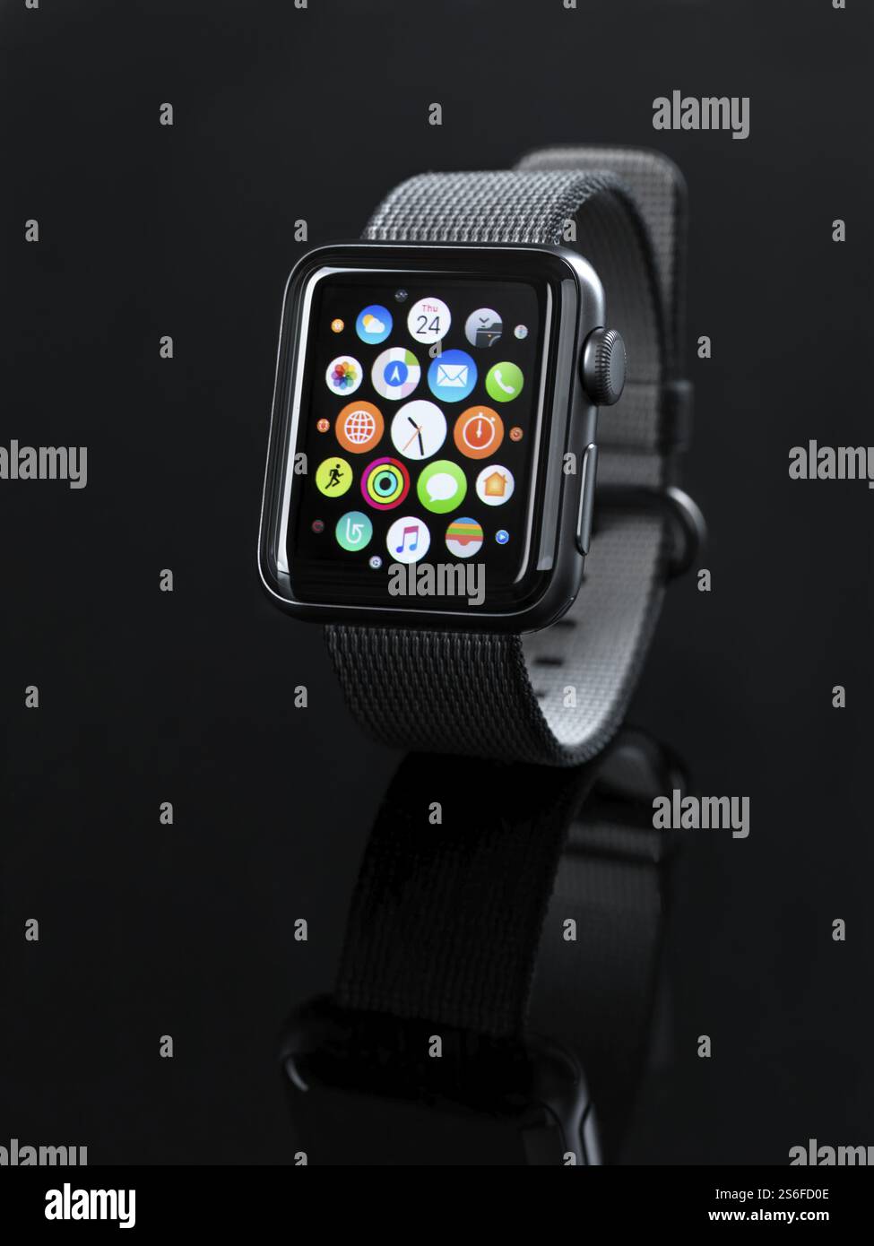Shiny steel Apple Watch series 2 smartwatch with app icons on display ...