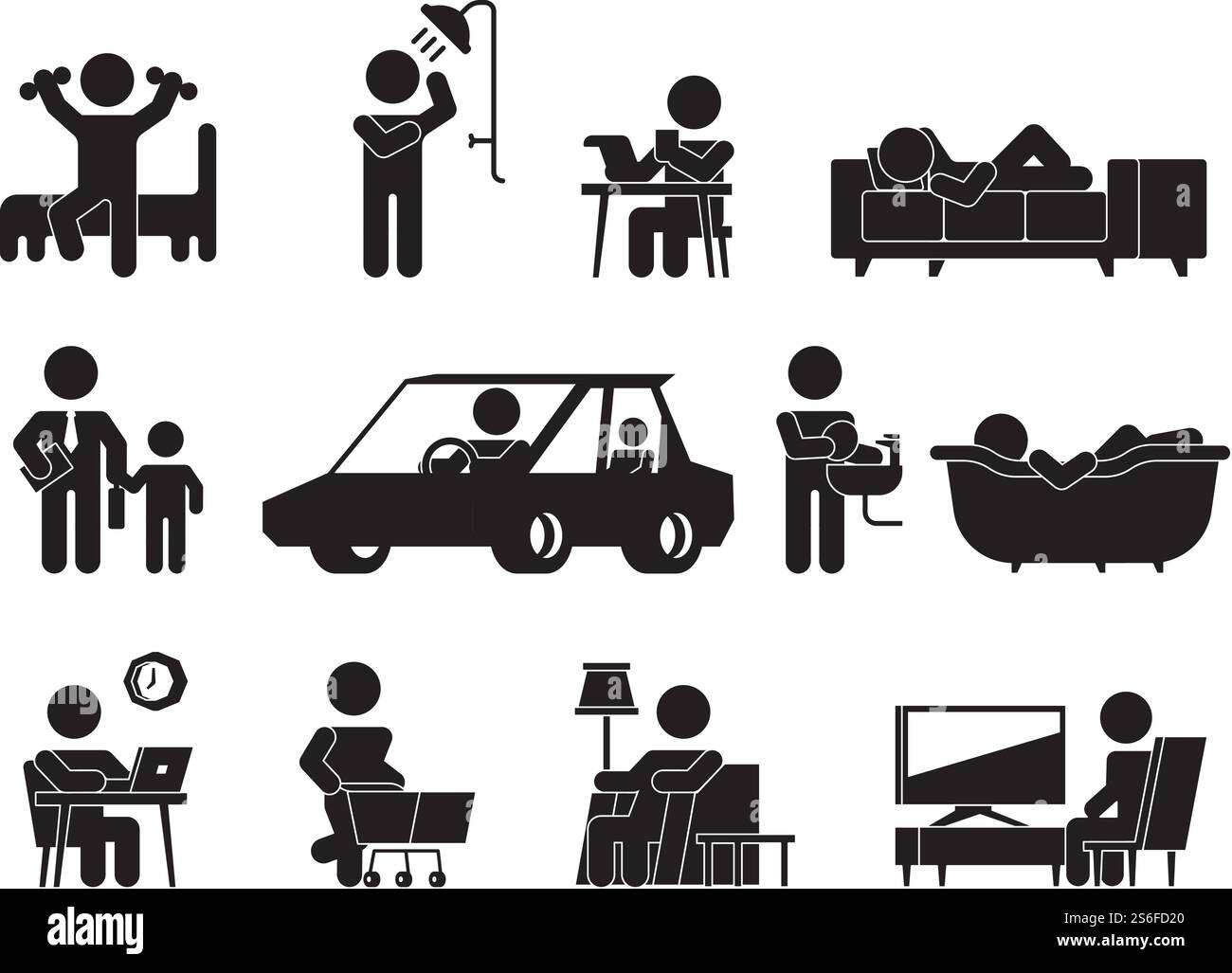 Daily lifestyle icon. Man or woman daily routine morning waking up ...