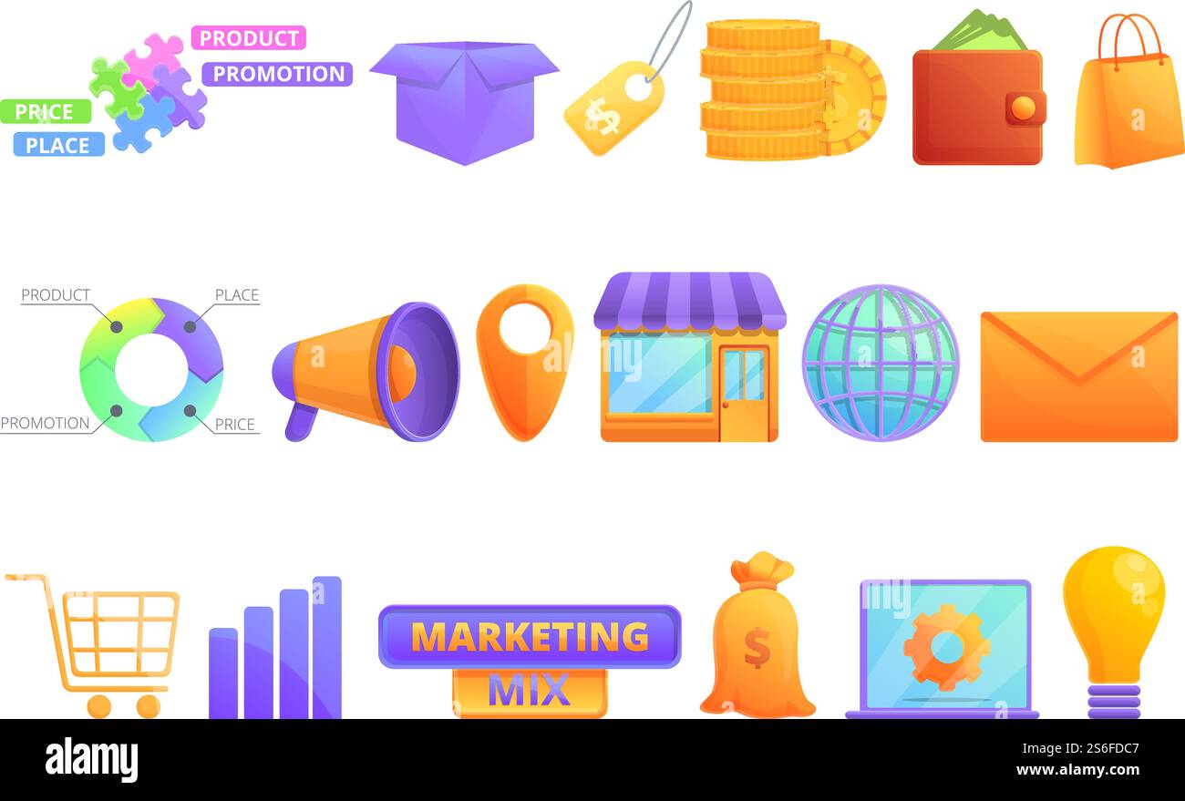 Marketing mix icons set. Cartoon set of marketing mix vector icons for ...