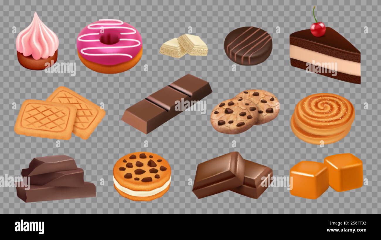 Sweets collection. Realistic cookies, chocolate, cake, soft caramel ...