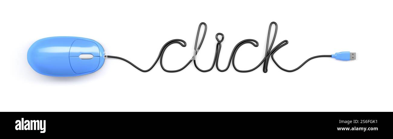 A blue computer mouse and the word click formed by the cable Stock ...