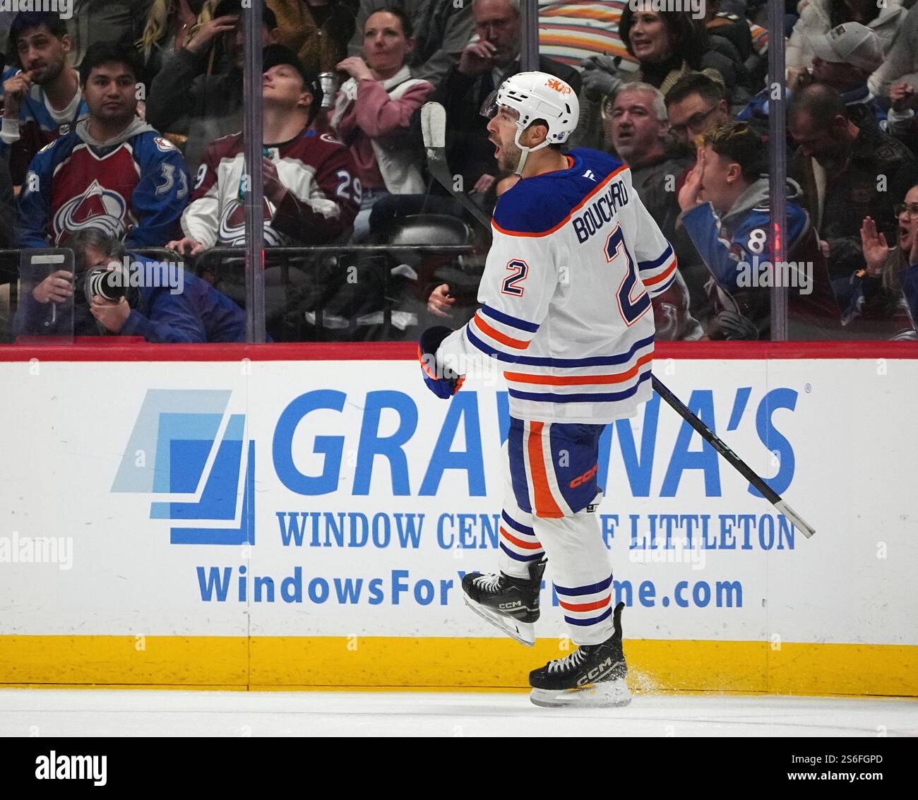 Edmonton Oilers defenseman Evan Bouchard reacts after scoring the ...