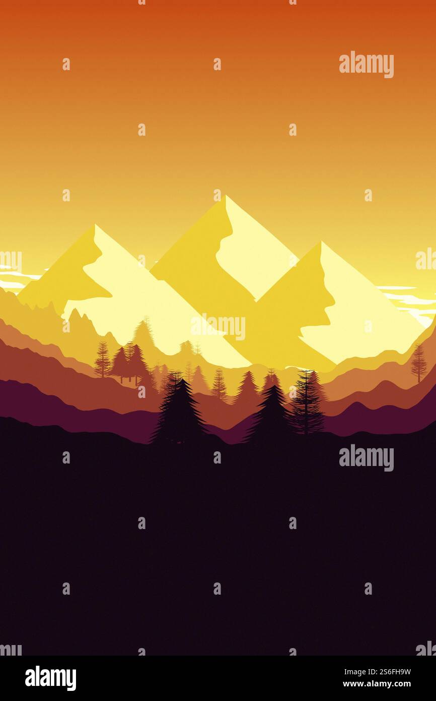2d illustration of a sunset mountain background Stock Photo - Alamy