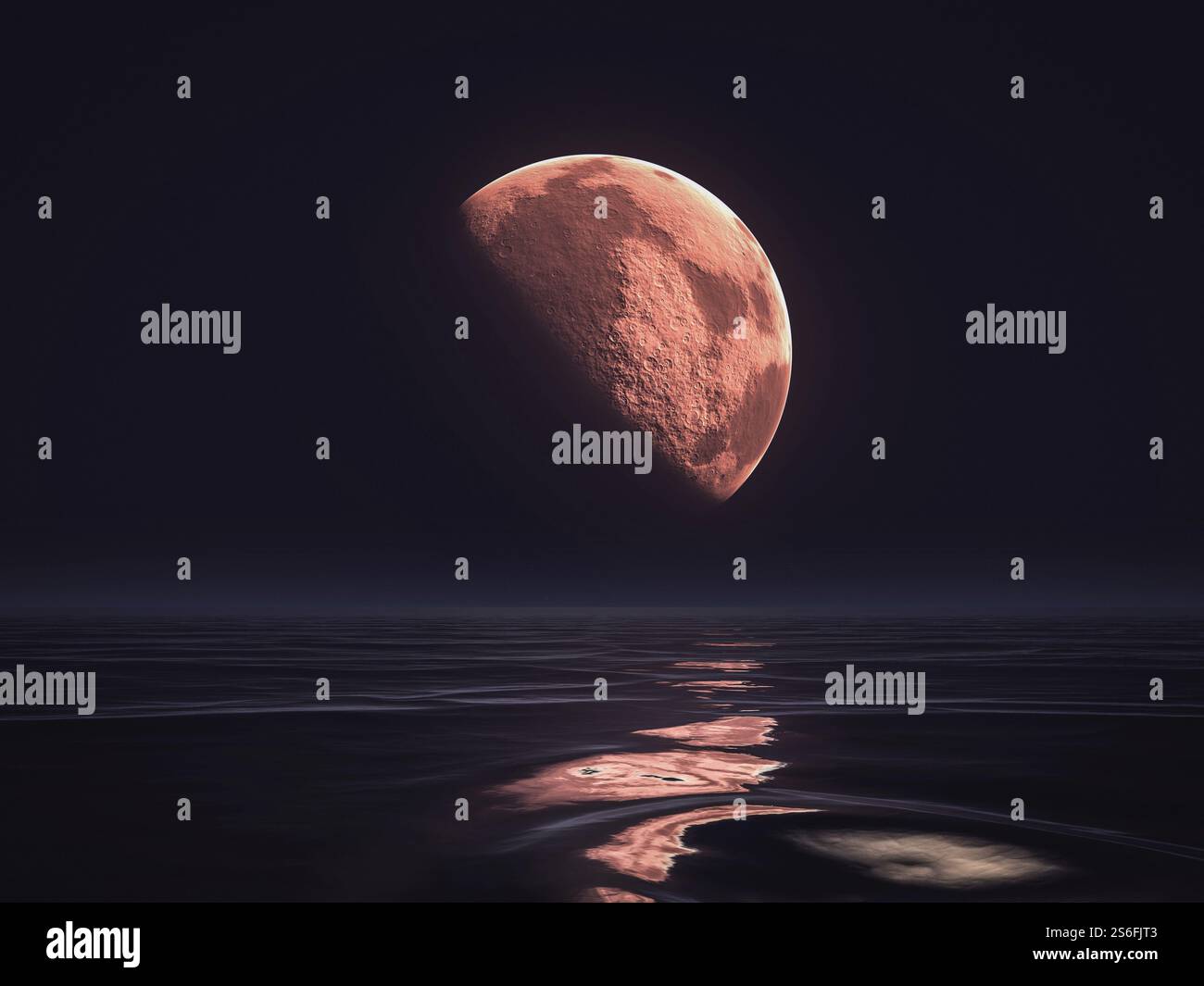 2d illustration of a red moon rising over the ocean Stock Photo - Alamy