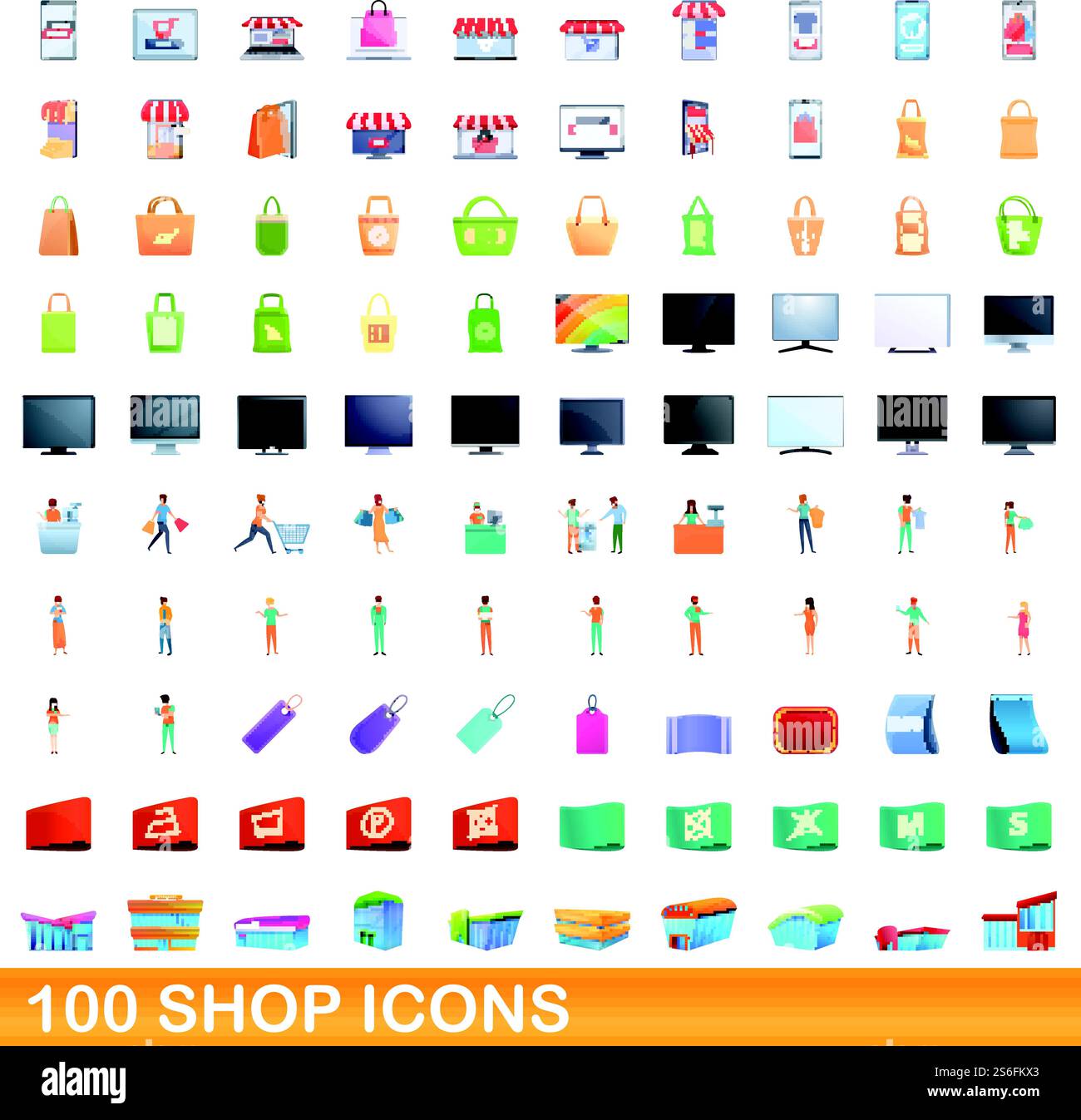 100 shop icons set. Cartoon illustration of 100 shop icons vector set ...