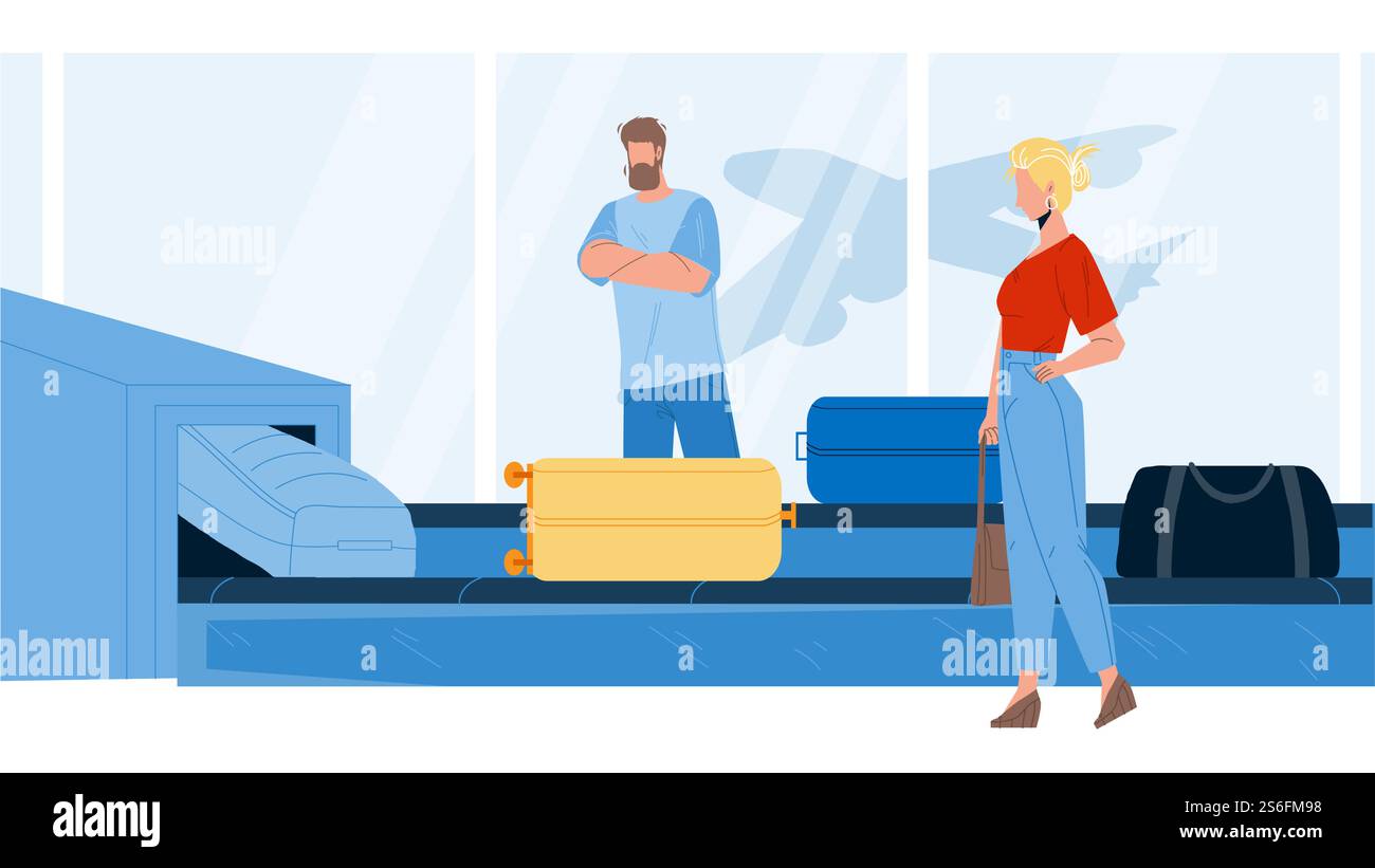 Airport Conveyor Equipment With Baggage Vector. Man And Woman Airplane ...