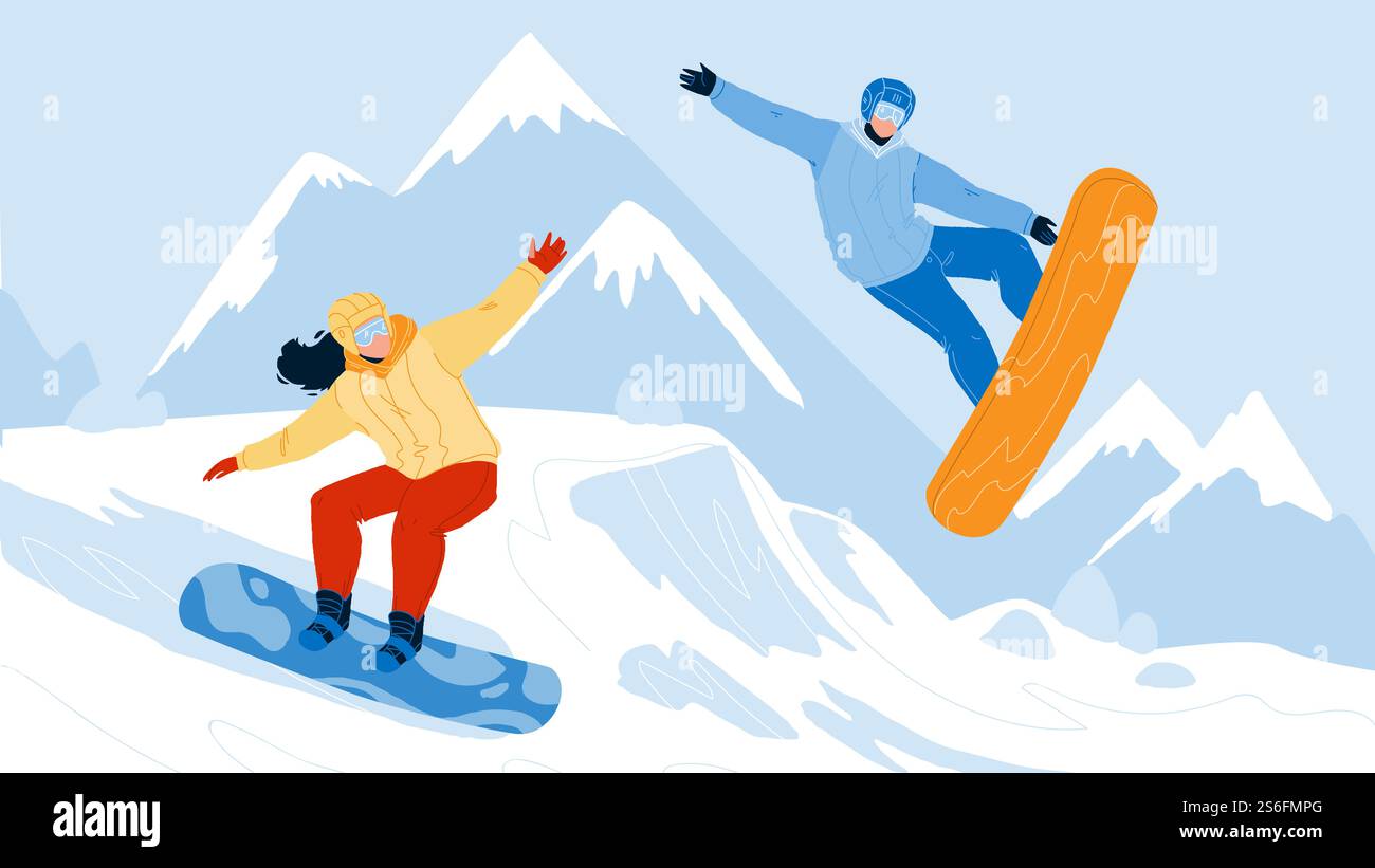 Snowboarding Sport People On Snowy Mountain Vector. Young Man And Woman ...