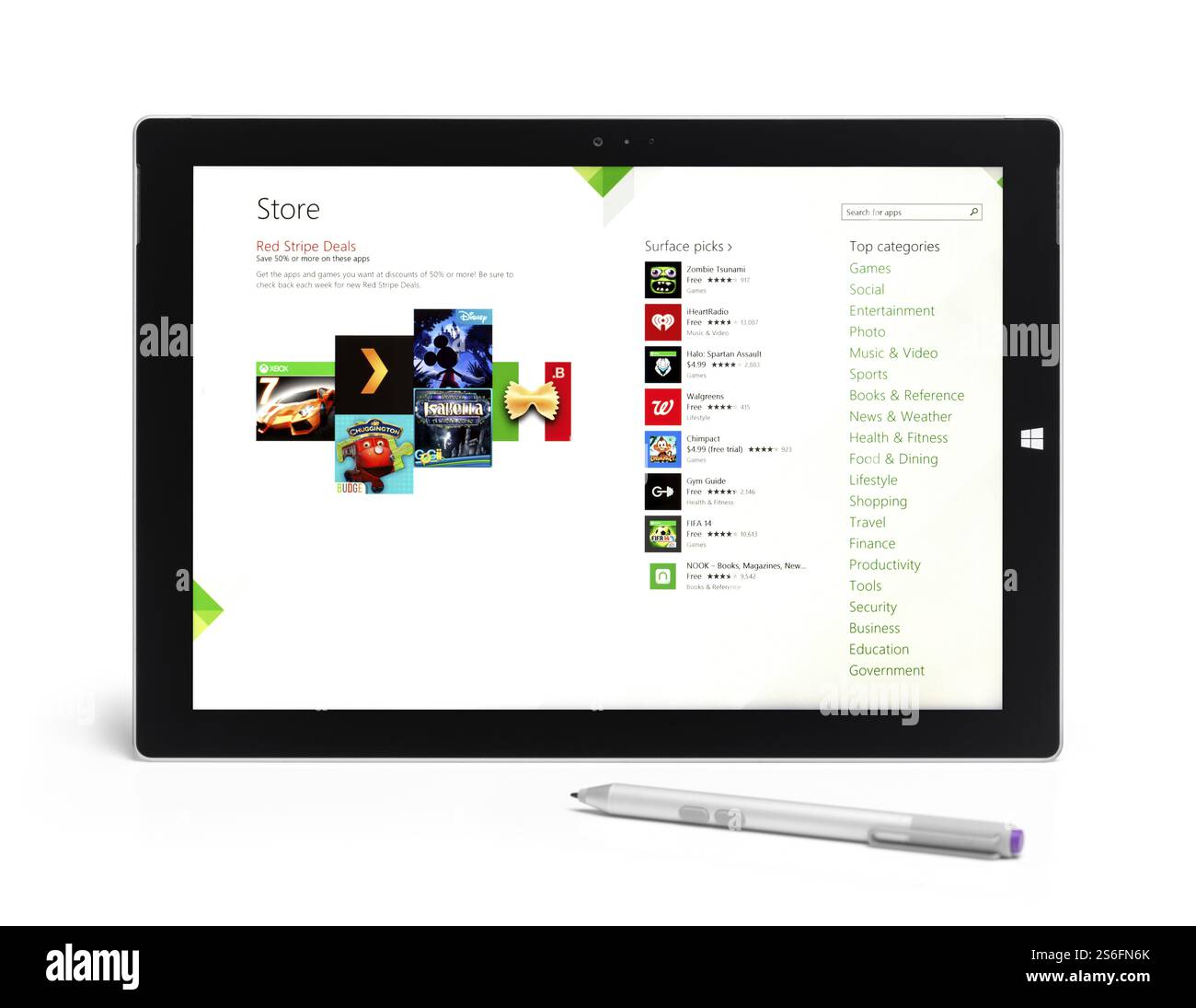 Microsoft Surface Pro 3 tablet computer with Windows Apps store on display isolated on white ...