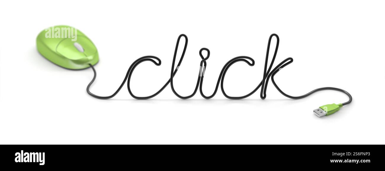 A green computer mouse and the word click formed by the cable Stock ...
