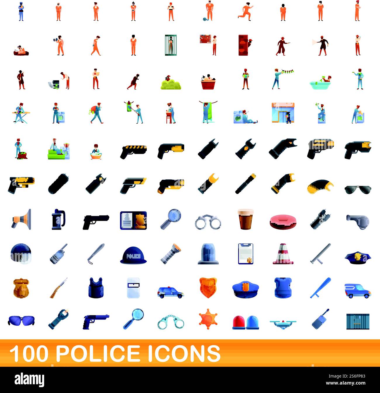 100 police icons set. Cartoon illustration of 100 police icons vector ...