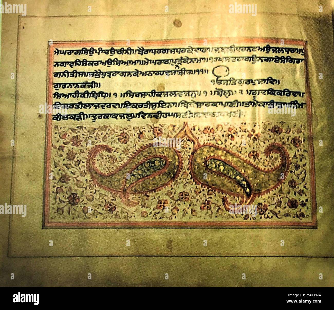 Glorious calligraphy & gold ‘Kangra’ decoration with floral borders and ...