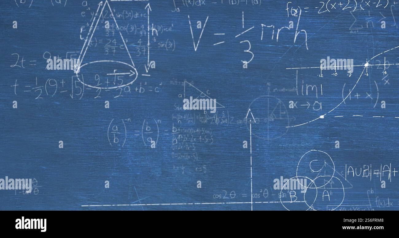 Image of layers of mathematical formulae and equations over blue ...