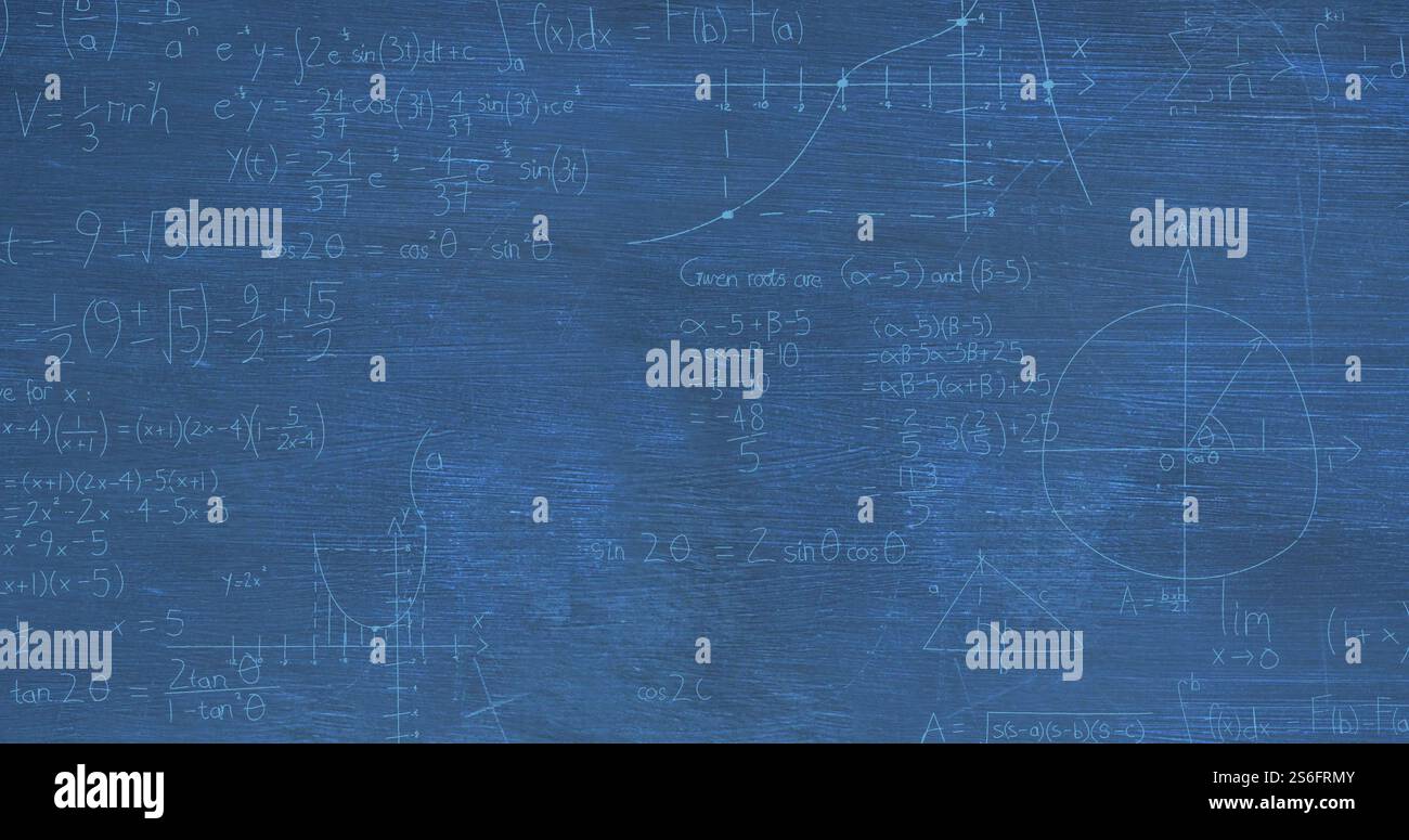 Image of layers of mathematical formulae and equations over blue ...