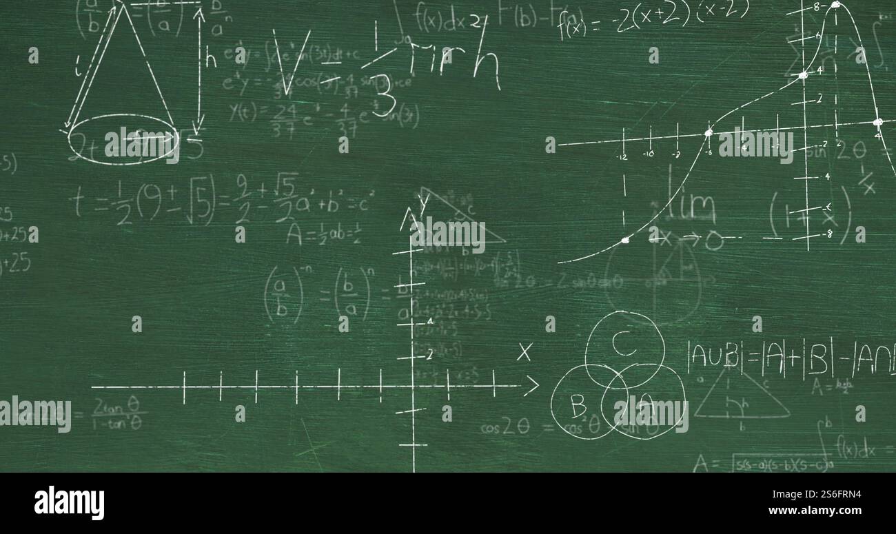 Image of layers of mathematical formulae and equations over green ...