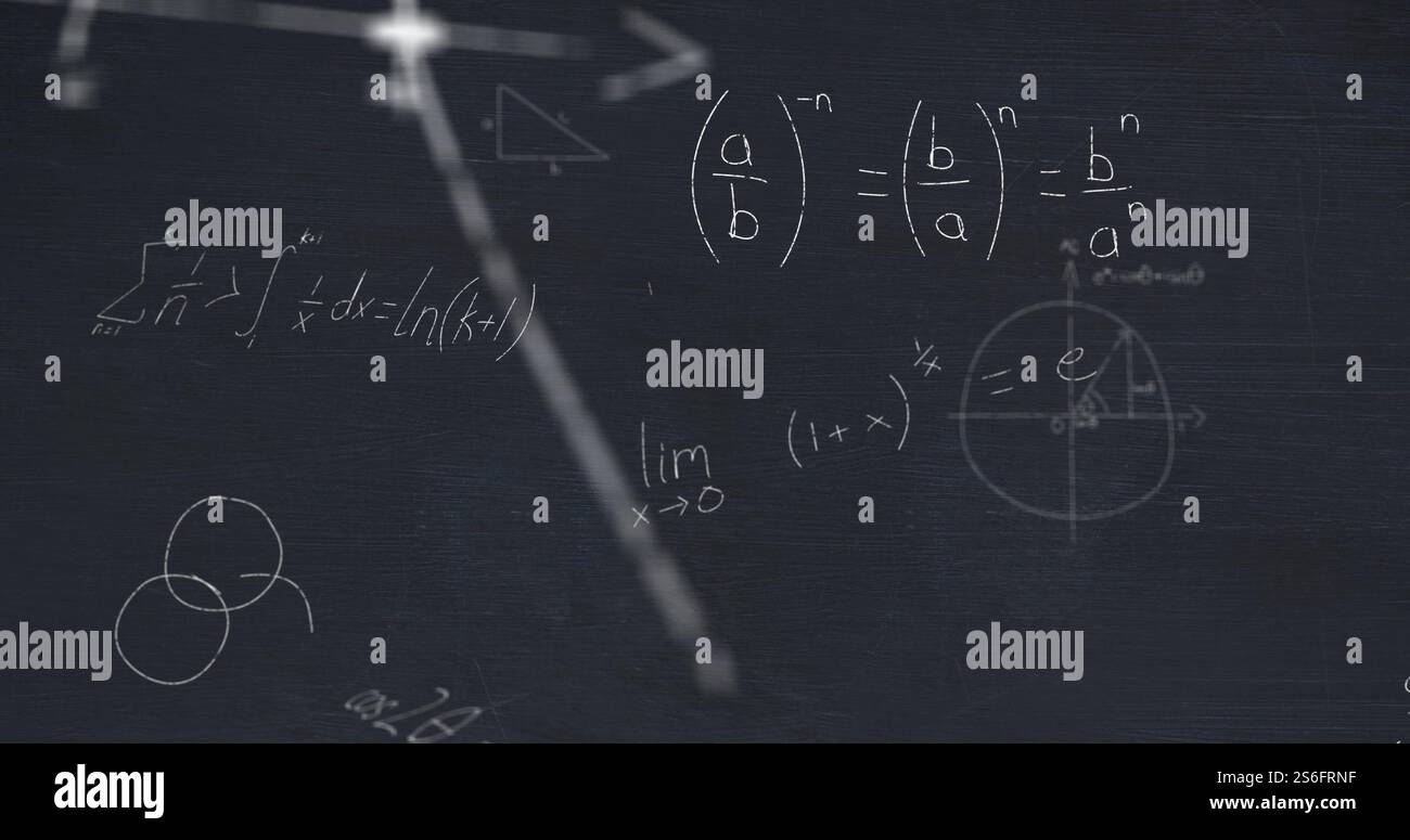 Image of layers of mathematical formulae and equations over black ...