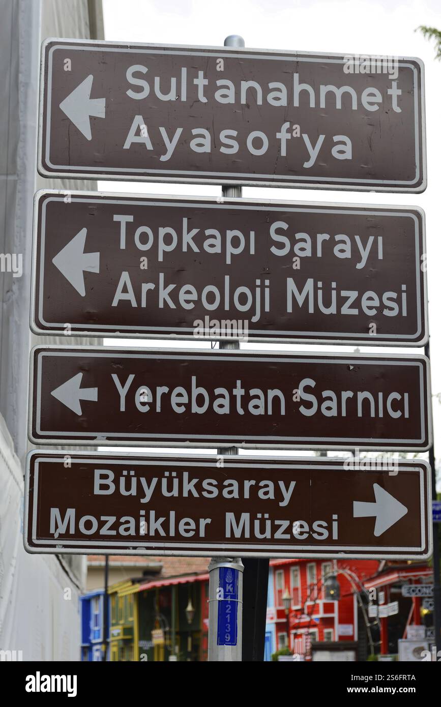 A sign shows the direction to various sights in Istanbul, Istanbul ...
