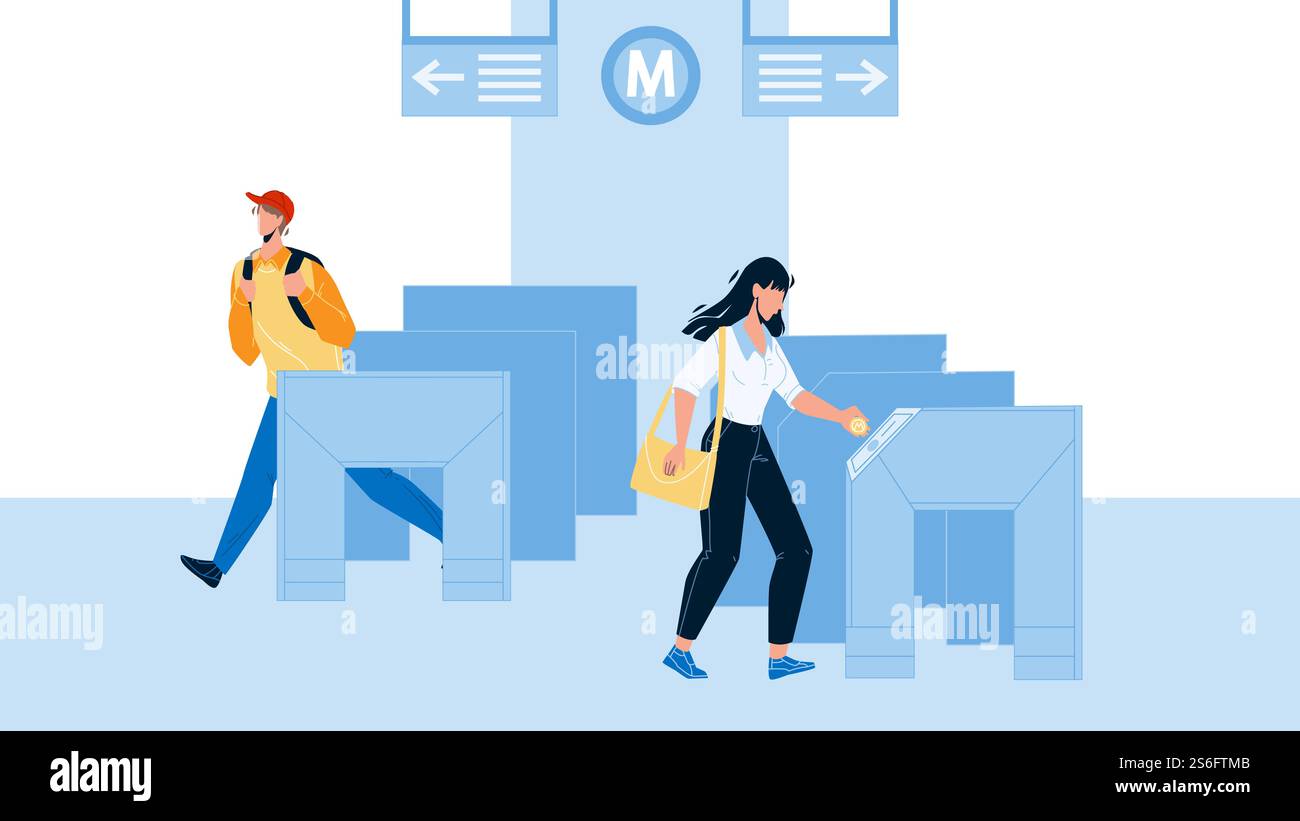 Entry Metro People Pass Through Turnstiles Vector. Man And Woman Passing Entry Metro Equipment ...