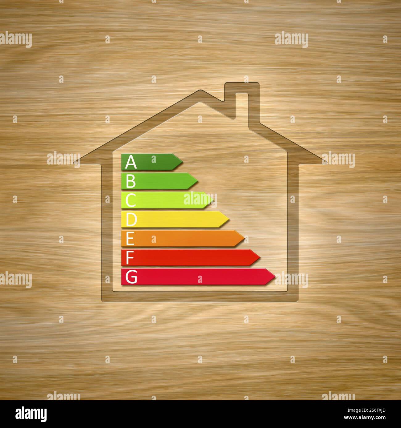 An image of a wooden house with energy efficiency graph Stock Photo - Alamy