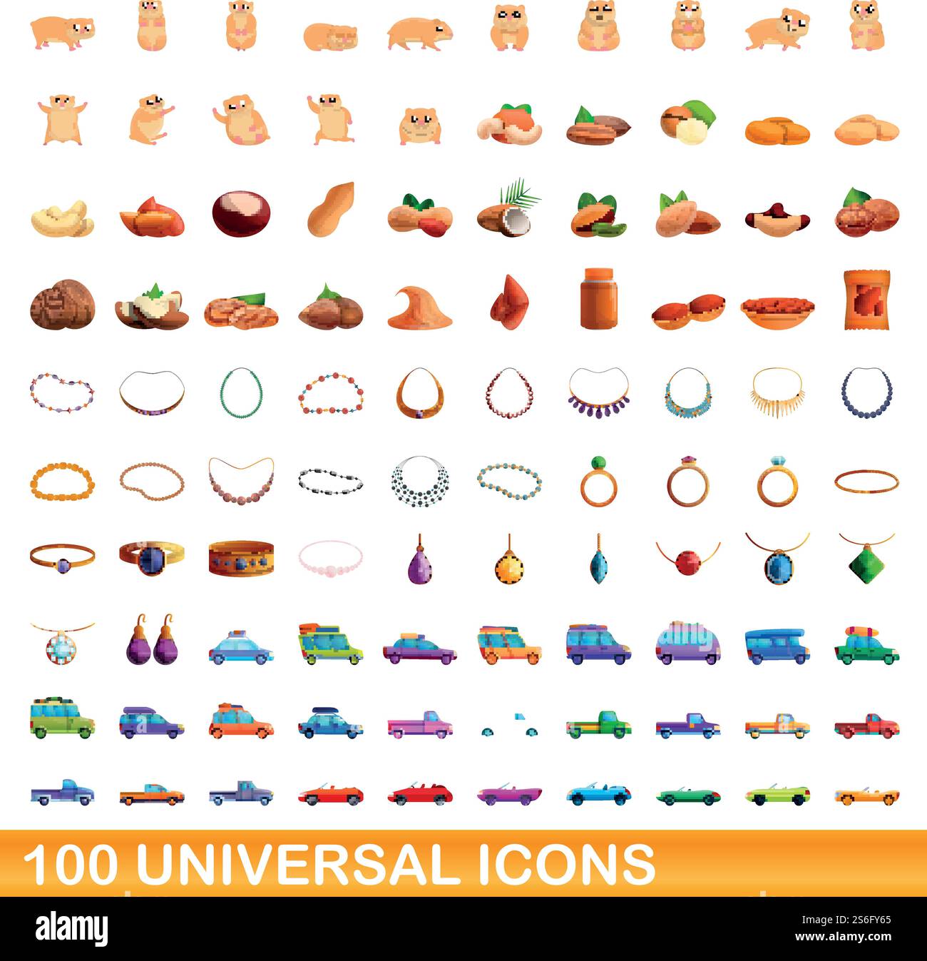 100 universal icons set. Cartoon illustration of 100 universal icons ...