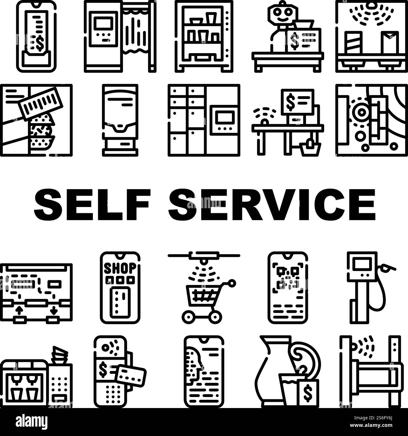 Self Service Buying Collection Icons Set Vector. Self Service Robot ...