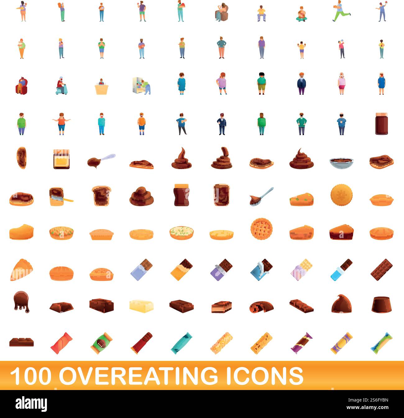 100 overeating icons set. Cartoon illustration of 100 overeating icons ...