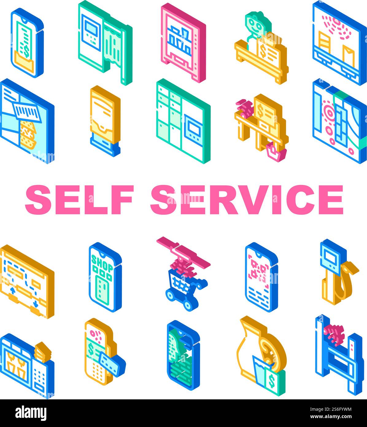 Self Service Buying Collection Icons Set Vector. Self Service Robot ...
