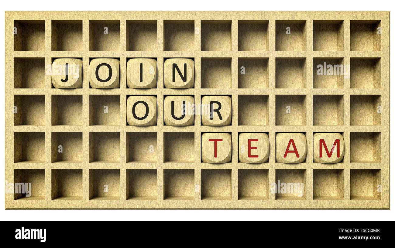 3d rendering of a wooden grid with cubes and the message join our team Stock Photo - Alamy