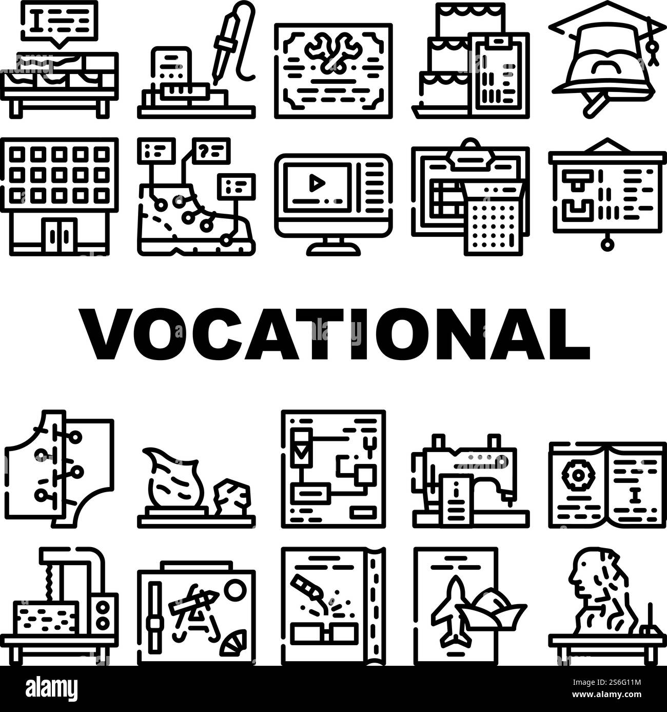 Vocational School Collection Icons Set Vector. Brickwork And Pottery ...
