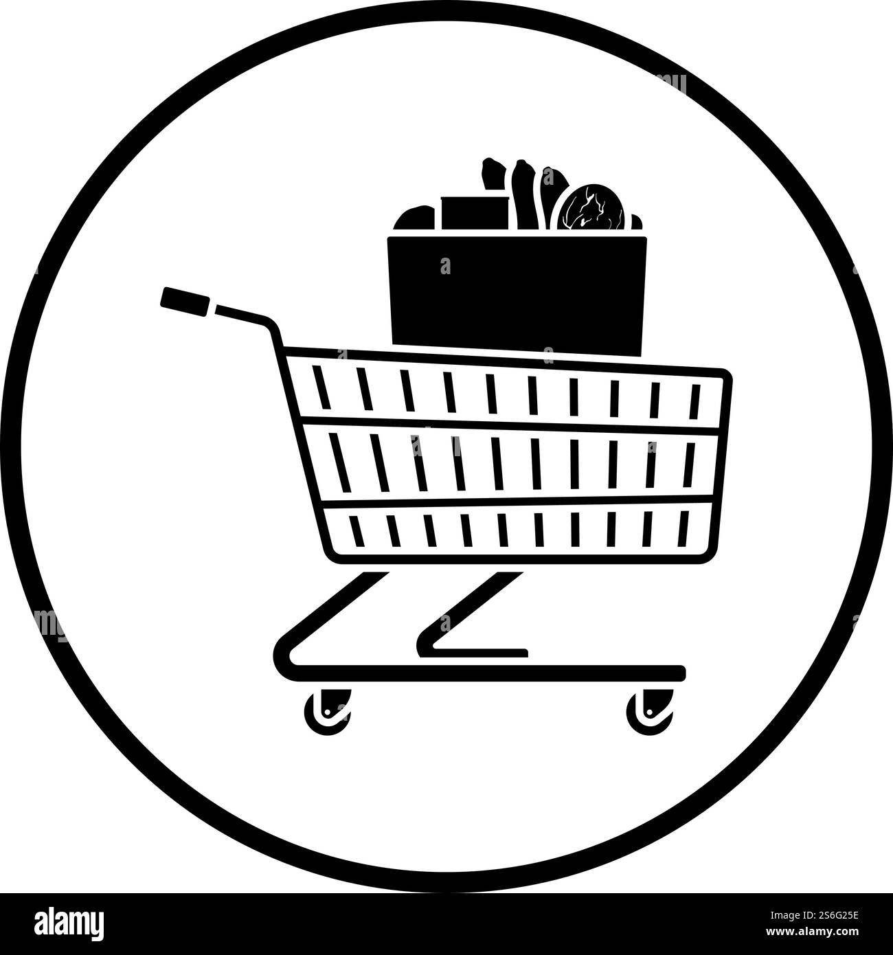 Shopping Cart With Bag Of Food Icon. Thin Circle Stencil Design. Vector ...