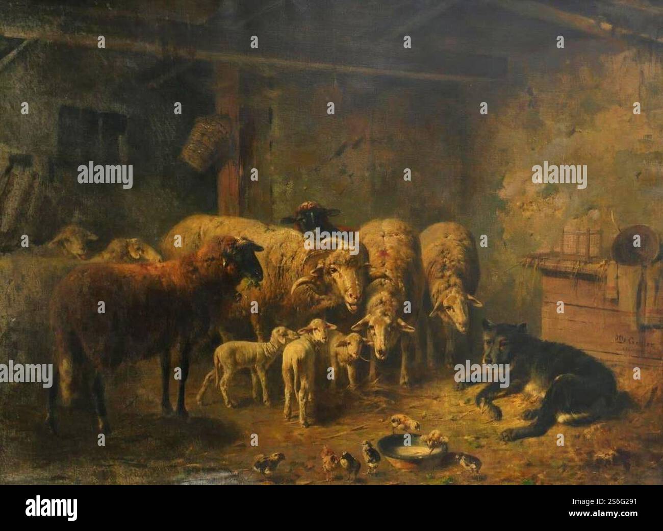 Painting of sheep, dog and birds by Friedrich Otto Gebler Stock Photo ...