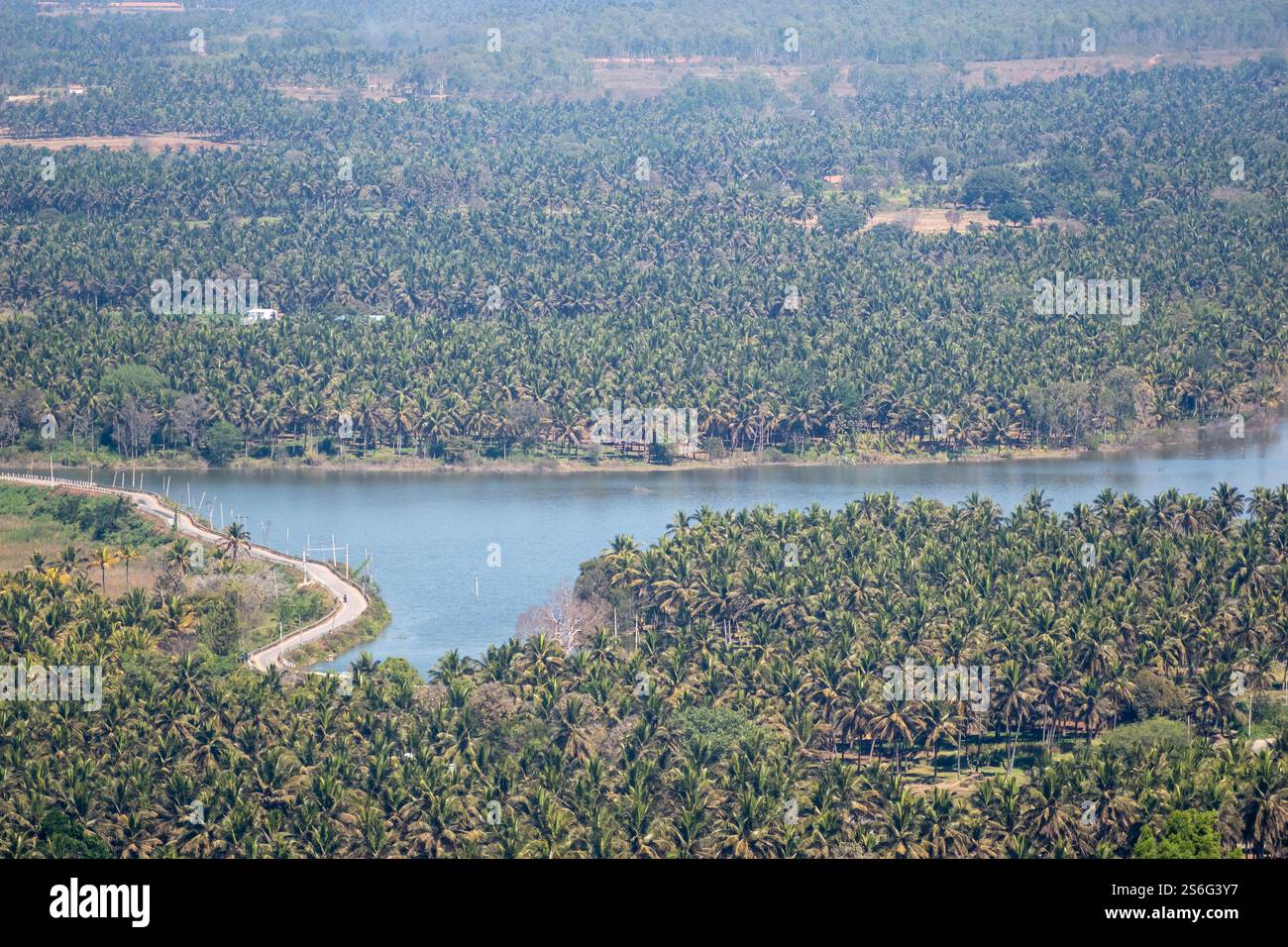 Aerial view of the Janivara lake on the outskirts of Shravanabelagola ...