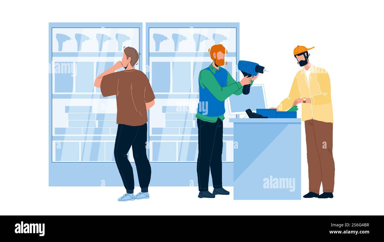 Tool Store Selling Instruments For Repair Vector. Clients Man Choosing ...