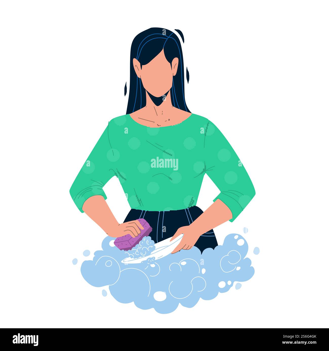 Washing Dishes With Soap In Kitchen Sink Vector. Young Woman Washing ...