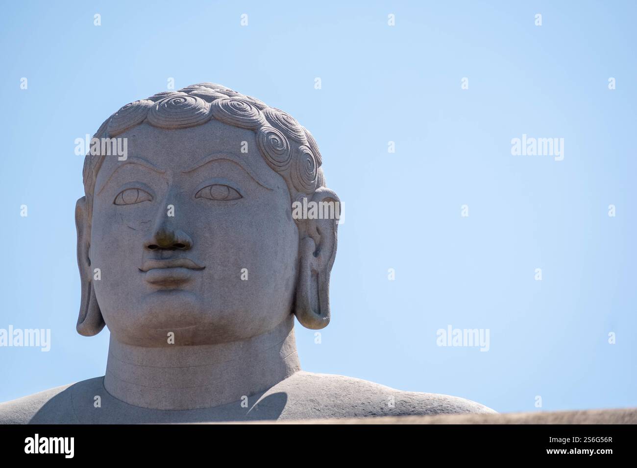 Close of the sculpted face of the statue of Gommateshwara Bahubali in ...