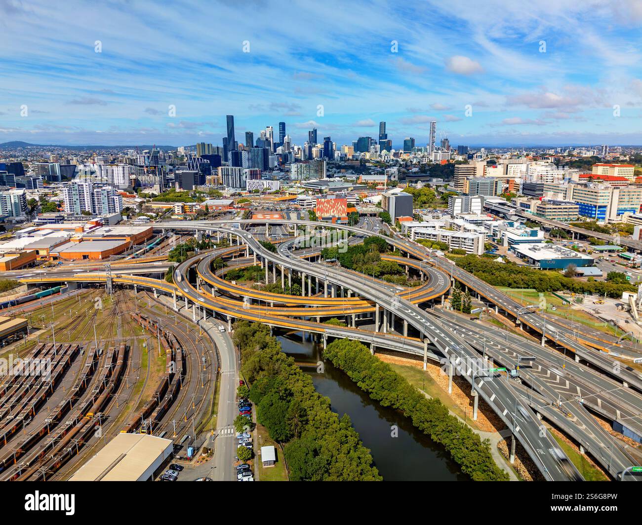 Aerial shot of Brisbane city and highway traffic Stock Photo - Alamy