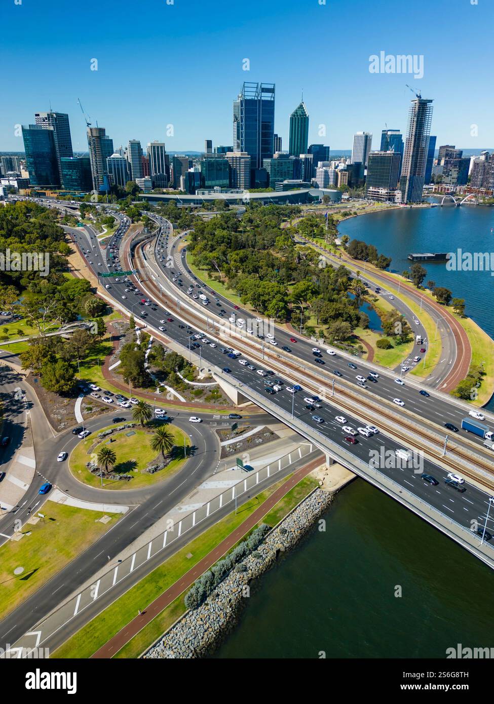 Aerial vertical view of Perth city and highway traffic in Australia ...