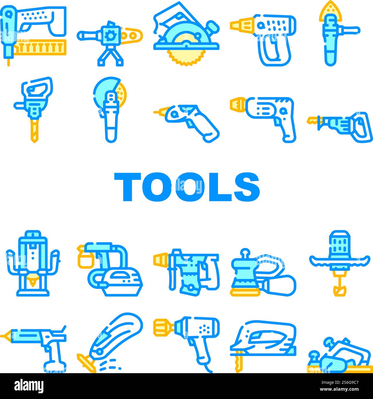 Tools For Building Collection Icons Set Vector. Jigsaw And Jackhammer ...