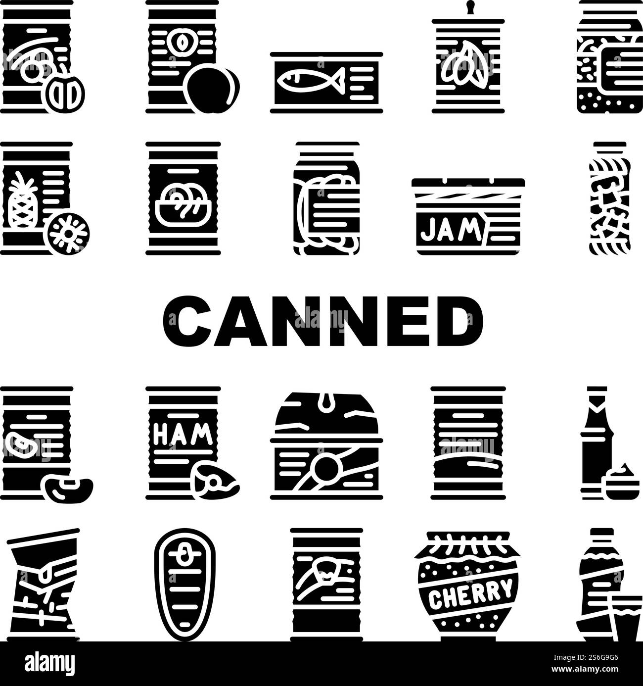 Canned Food Nutrition Collection Icons Set Vector. Canned Peach And ...